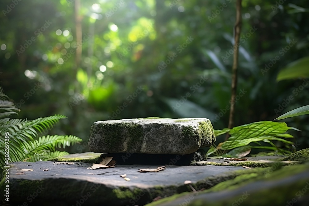 Illustration Stock old wood and stone bench mockup forest background ...