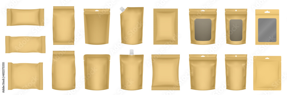 Set of realistic pouch mockups. Gold flow pack, sachet, zip bag and ...