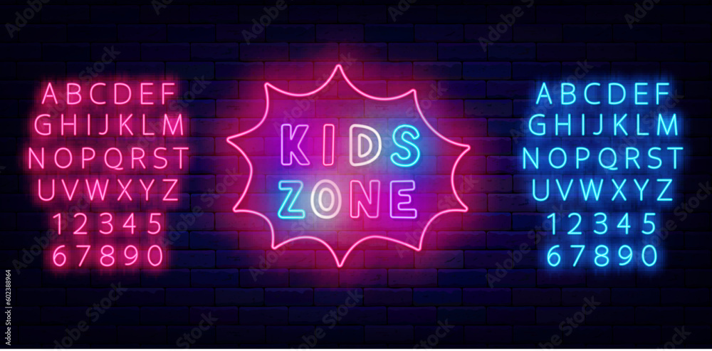 Kids zone neon signboard. Comics explode frame. Shiny pink and blue ...