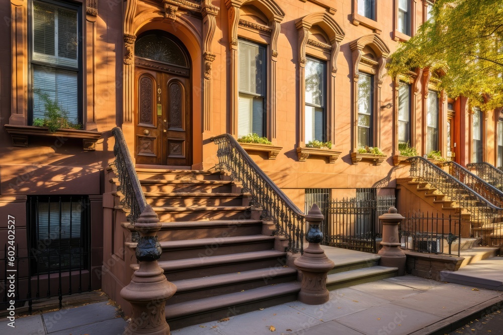 Brownstone row houses with their characteristic stoops offer a glimpse ...