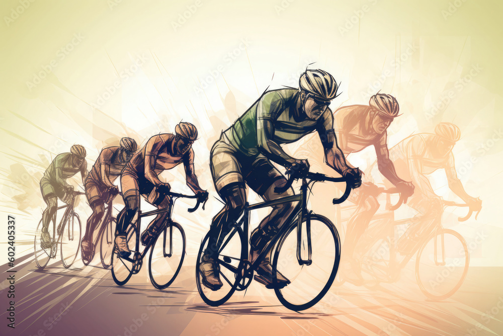 Cyclists team riding on bicycles, color drawing. Bike race banner ...