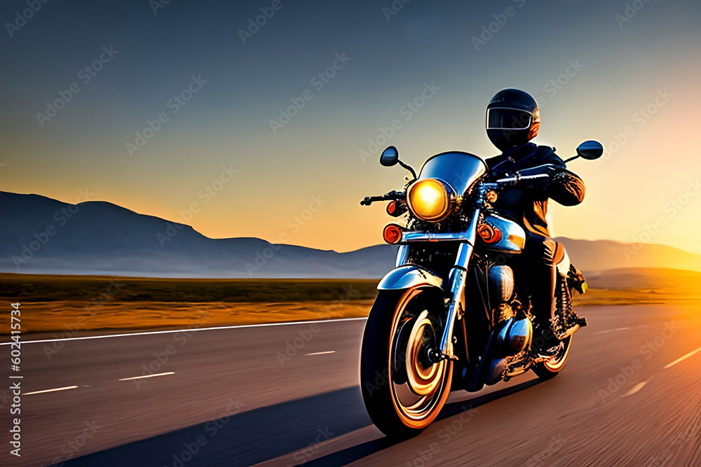 Generative AI image of motorcycle rider riding alone on an empty road ...