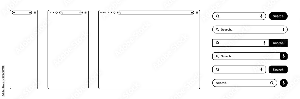 Blank web browser, internet page window with toolbar and search bar ...