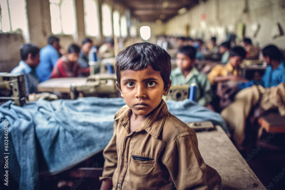 Small Indian boy portrait with blurred textile factory background ...