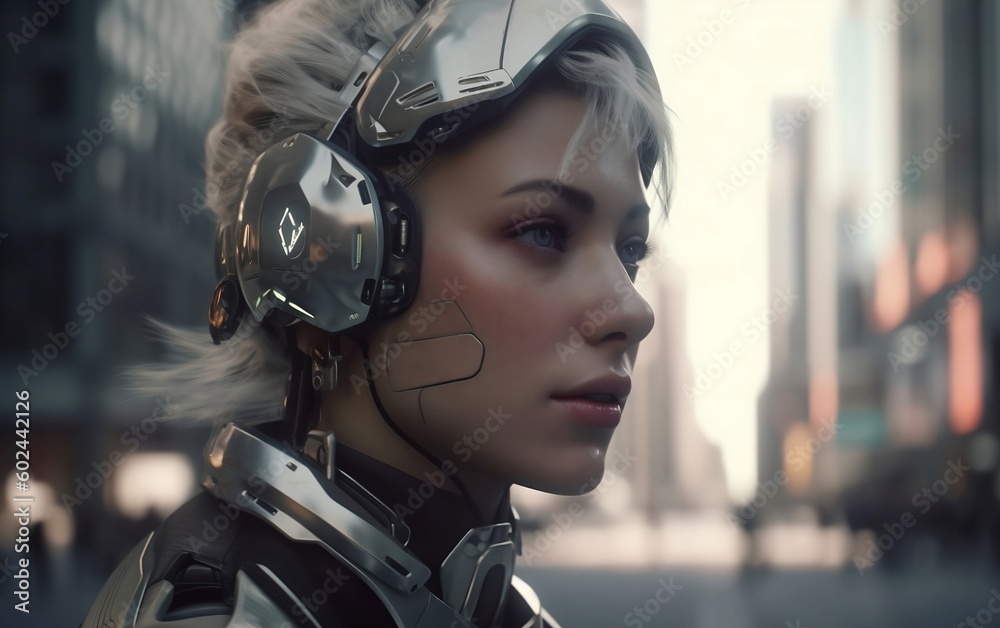 Cyborg girl stands on the street of the metropolis. Robot woman ...