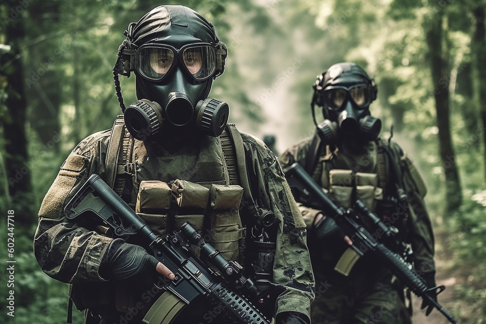 men are soldiers with combat gear and heavy weapons, machine gun, abc ...