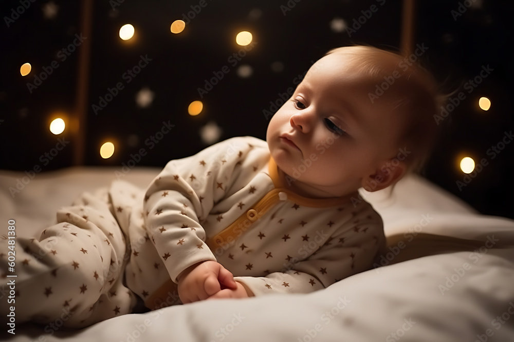 Baby awake at night in baby blue clothes lying on the bed at night ...