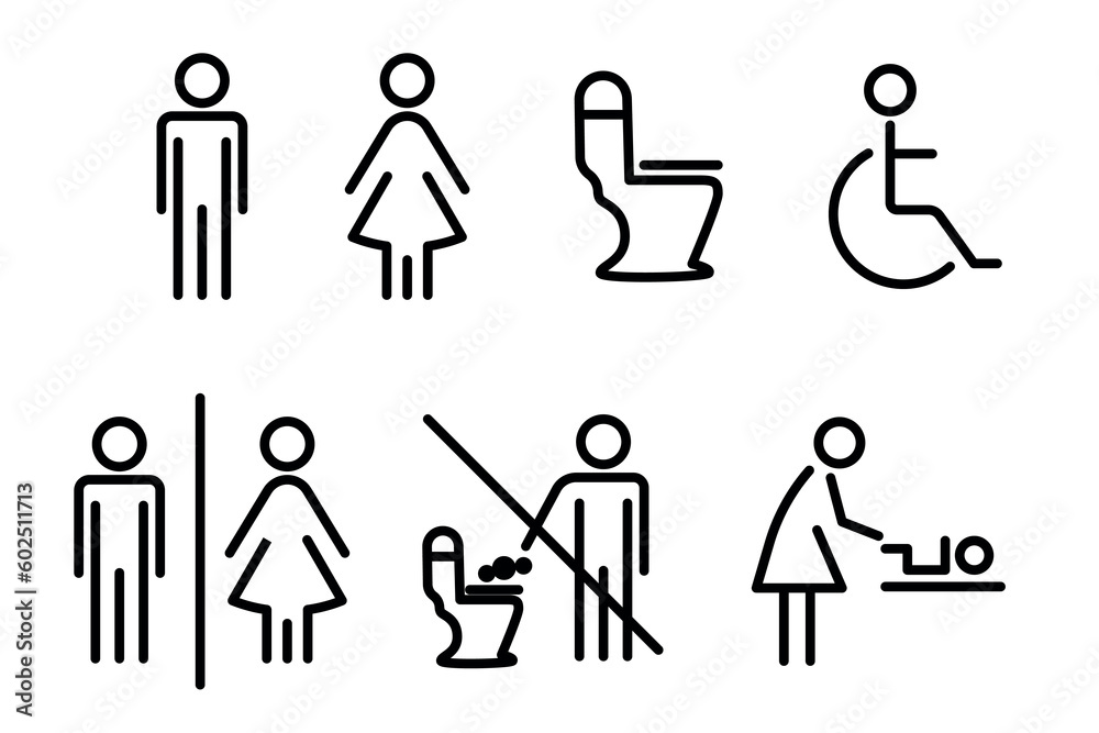 Toilet line icon set. WC sign. Men,women,mother with baby and handicap ...
