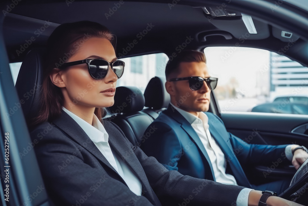 Uber driver sitting in car with female passenger. Personal transport ...
