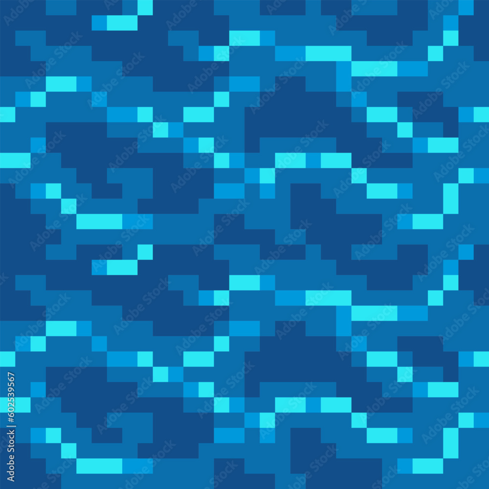 Blue color camouflage seamless water pattern, pixel art fabric texture ...