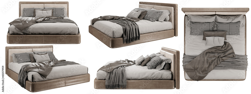 isometric bed with pillows mockup, top view, font view, side view ...