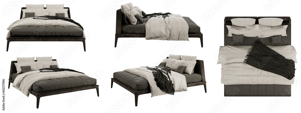 isometric bed with pillows mockup, top view, font view, side view ...