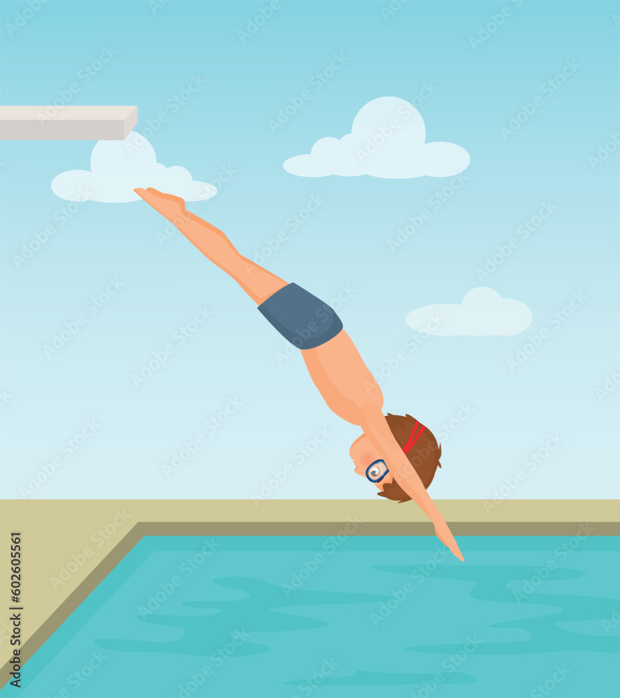 Cute little boy in swimsuit and goggle jumping dive into the swimming ...