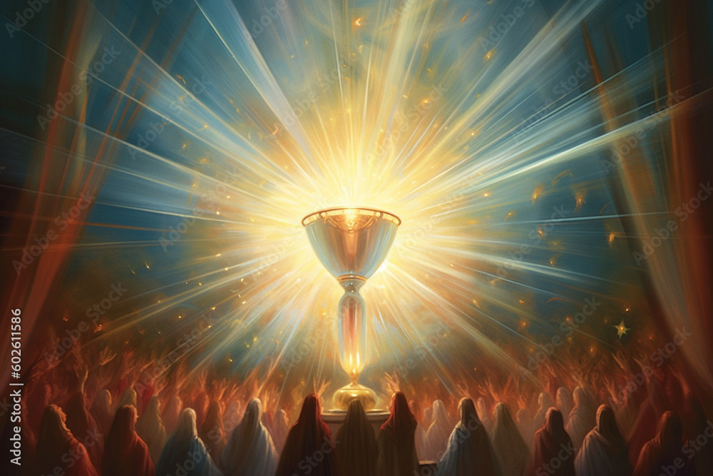 A captivating illustration of the Eucharist surrounded by rays of light ...
