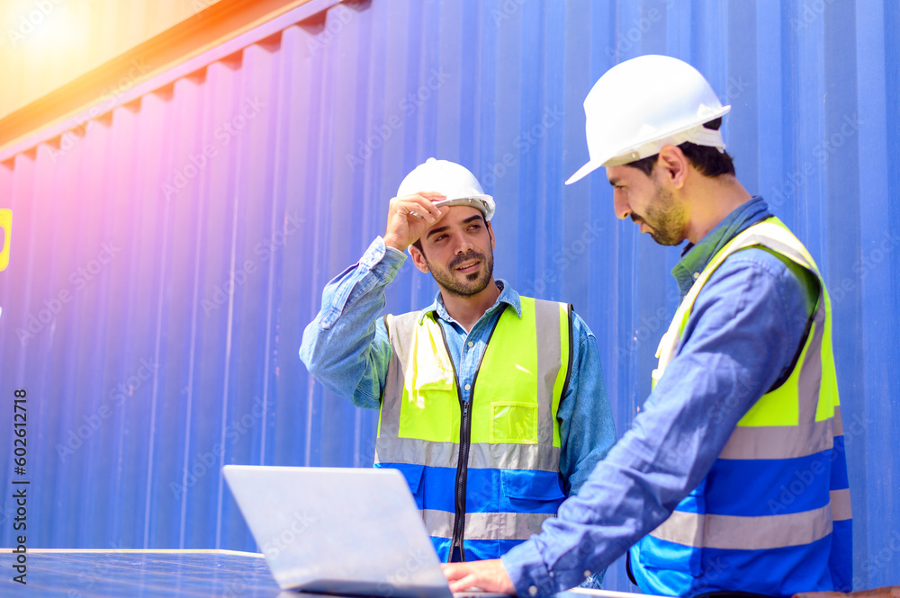 Fotografie container operators wearing helmets and safety vests meeting ...