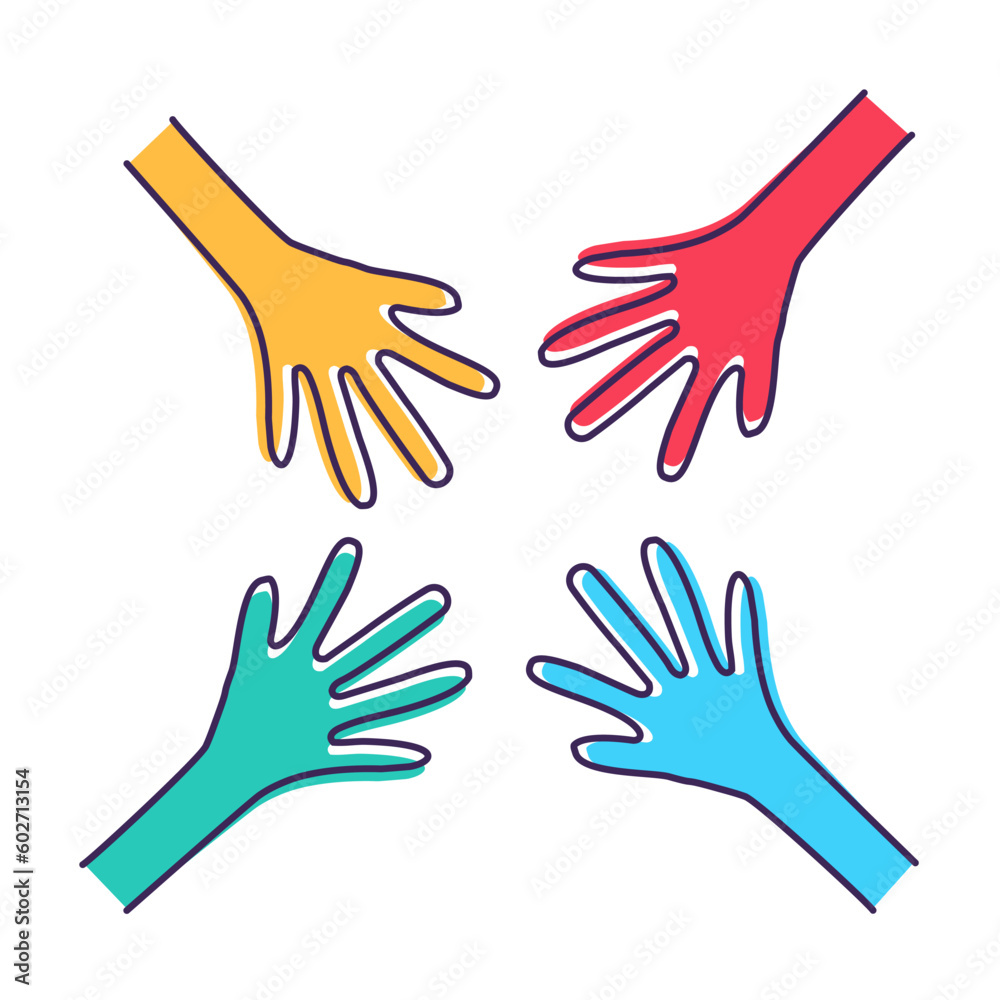 Different hands uniting and coming together. Vector drawing doodle icon ...