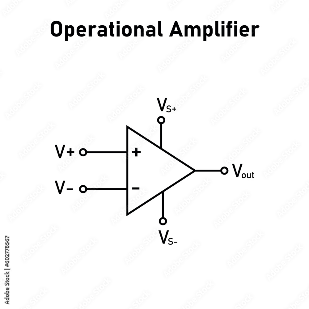 Operational amplifier symbol in physics. Op amp schematic symbol. Vector illustration isolated ...