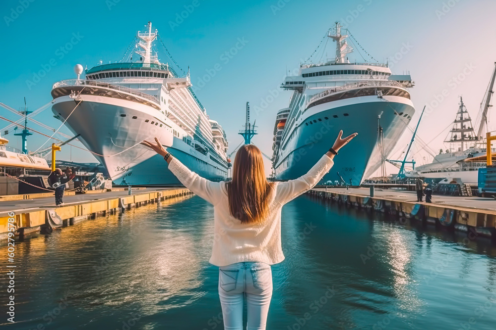 back view of traveler girl with arms up standing in front of a cruise ...