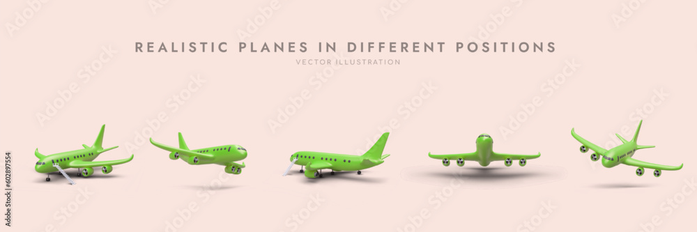 Large set of 3D planes in different positions, with shadows. Airplane ...
