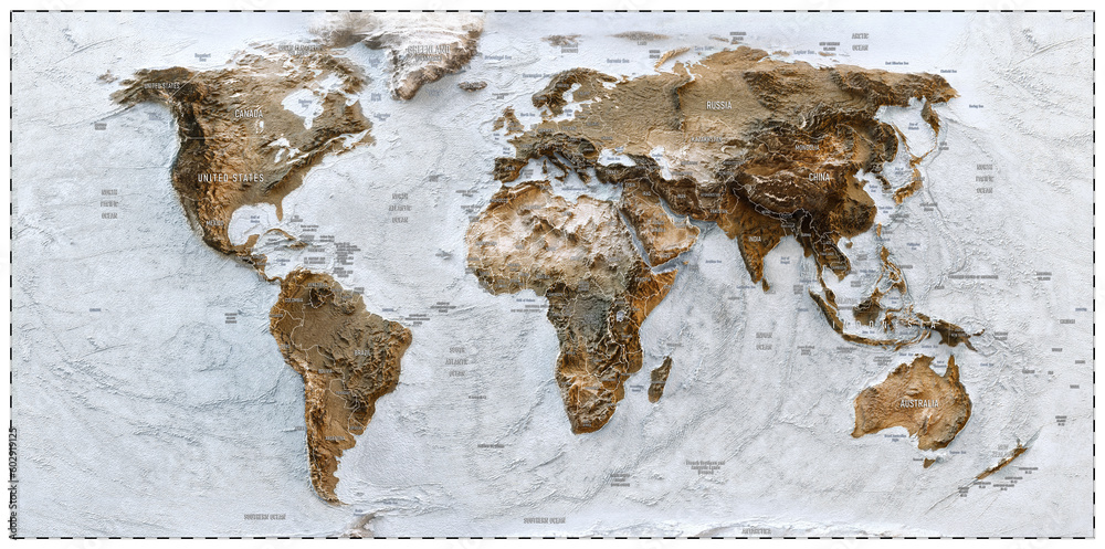 3D World map of the Earth with exaggerated topographic relief and ...