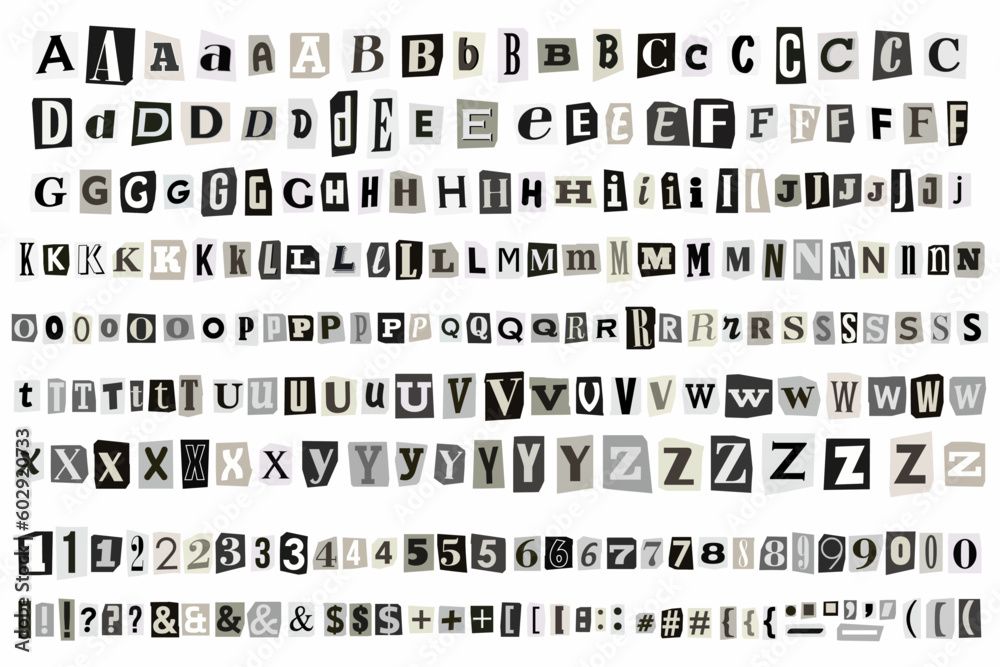 Ransom Gray Note English Font Alphabet Cut out vector Letters ...