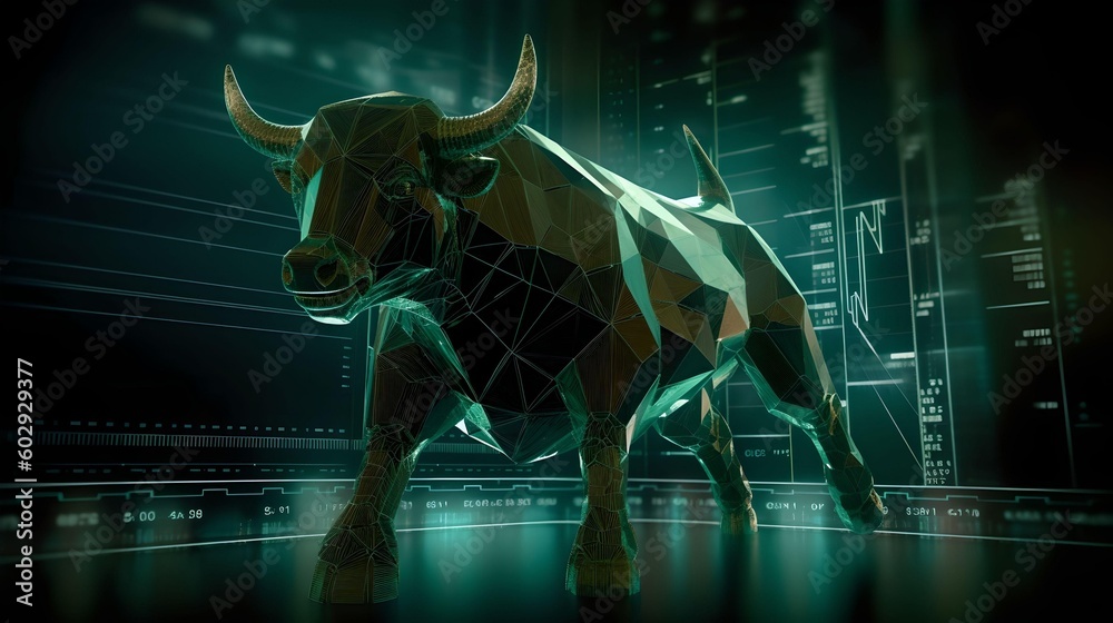 Stock market bull, stock chart and data graph. Style of neon realism ...