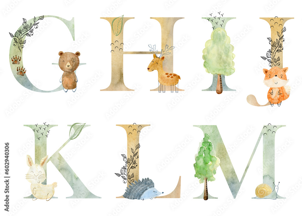 Watercolor woodland animals letters for invitation card, nursery poster ...