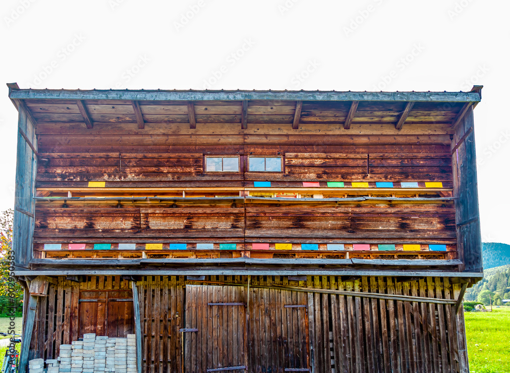 Collection of different types of hives at beehouse. Barn with many ...