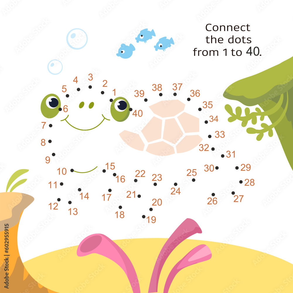 Connect the dots from 1 to 40. Educational game for kids. Cute turtle ...