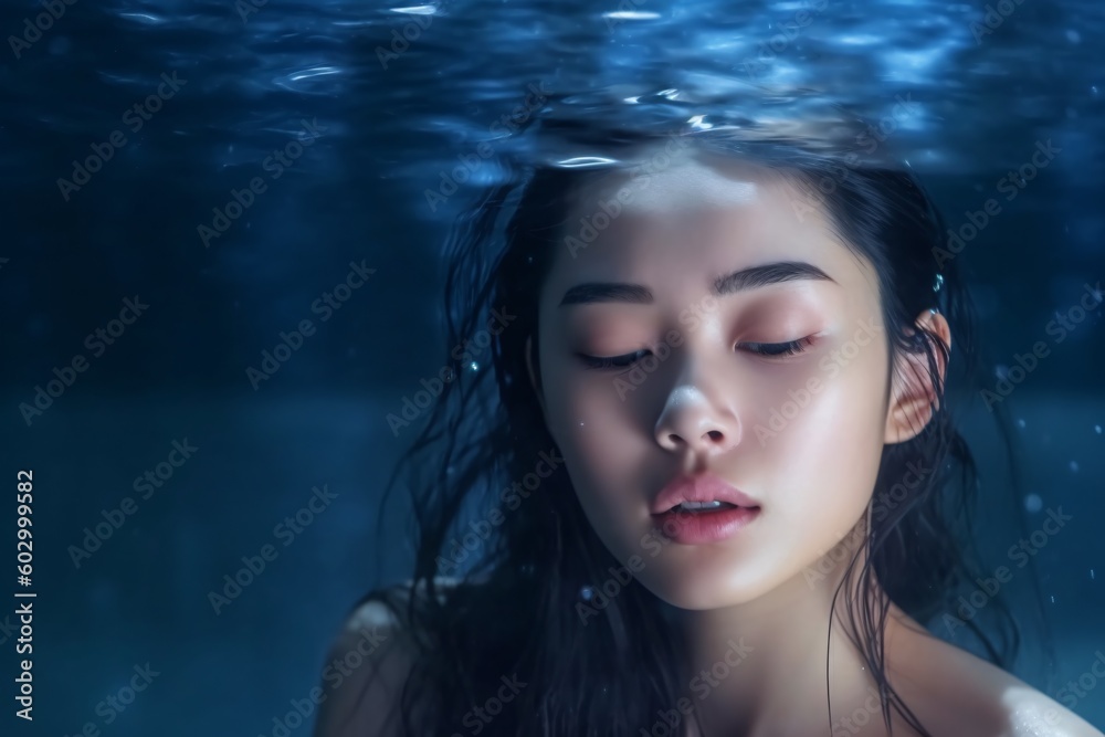 Attractive young Asian wet hair woman model with perfect fresh skin on ...