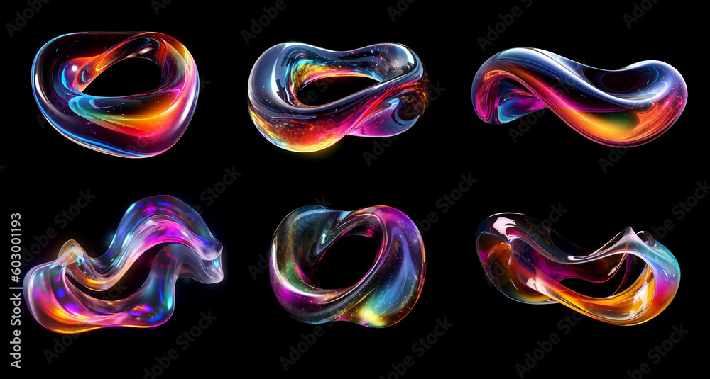 Transparent rainbow liquid flow shapes set isolated. Iridescent ...