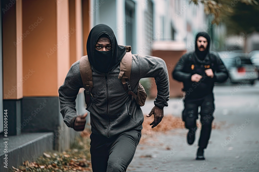 Thief running down the street with police officer chasing. Unrecognizable person in black hoodie ...