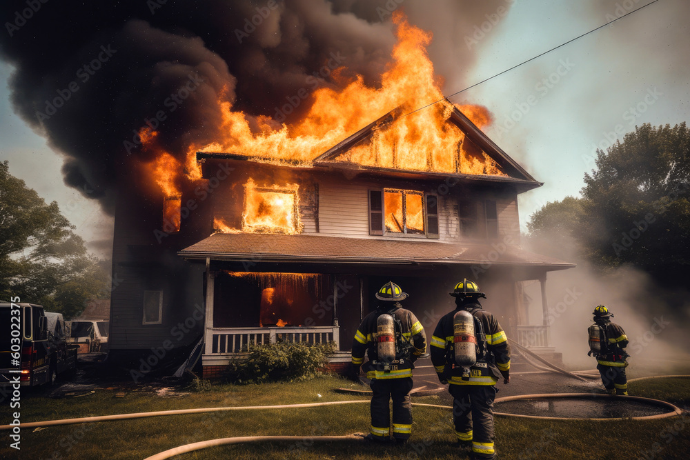 Firefighters putting out a home fire. Group of firefighters ...