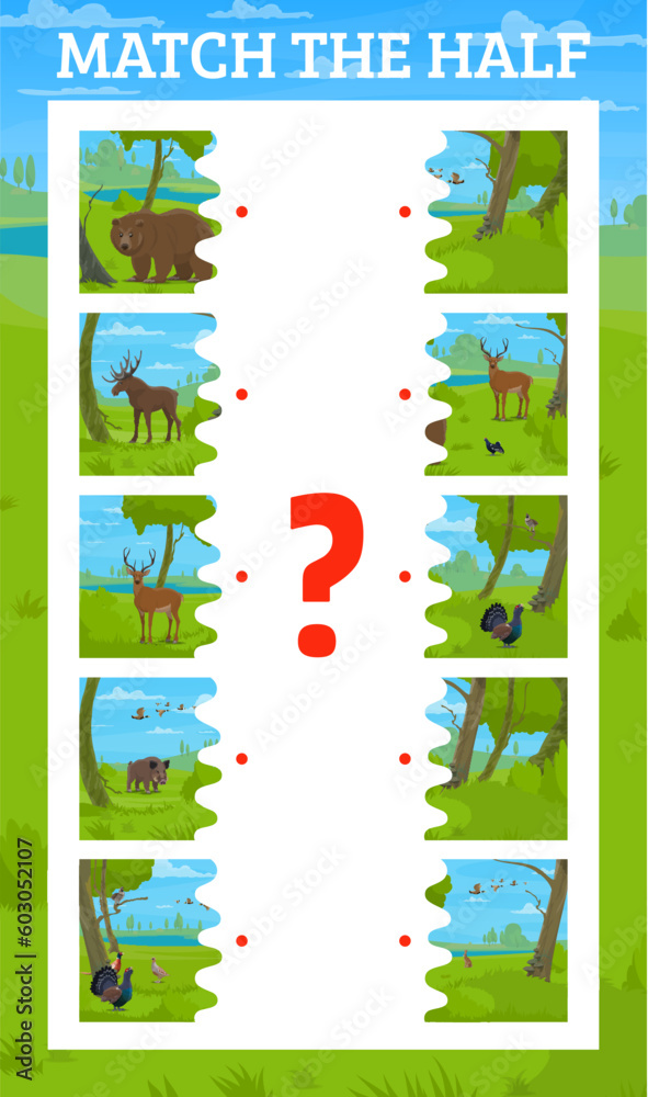 Match the half of cartoon hunting forest animals and birds. Kids vector ...