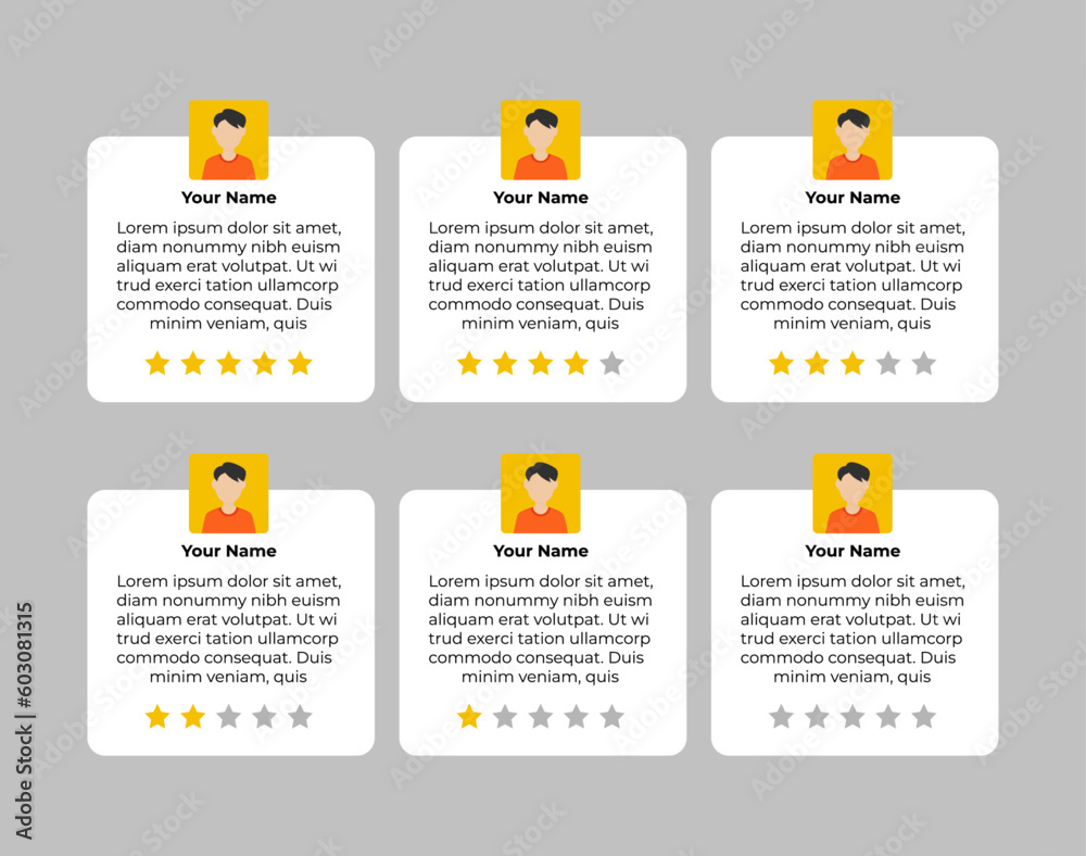 User feedback. Customer star review rating card with message person ...