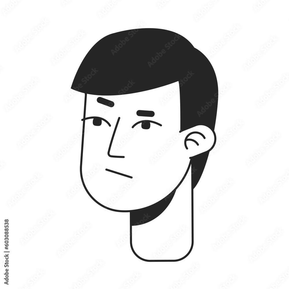 Displeased young asian man monochrome flat linear character head ...