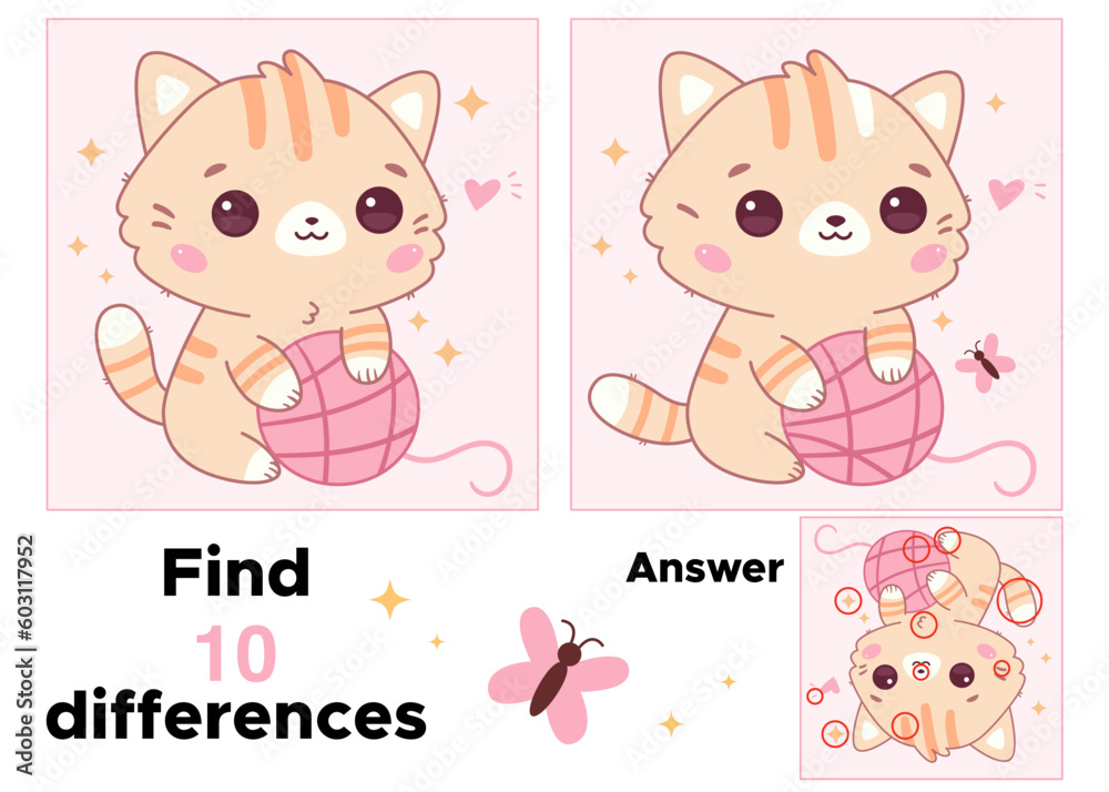 Find ten differences. Educational game for kids. Cute kawaii cat with ...
