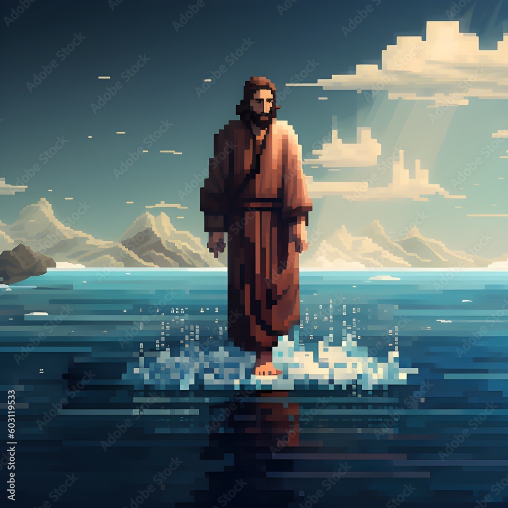 christ walking on water, jesus walk on water sea of galilee, pixel art ...