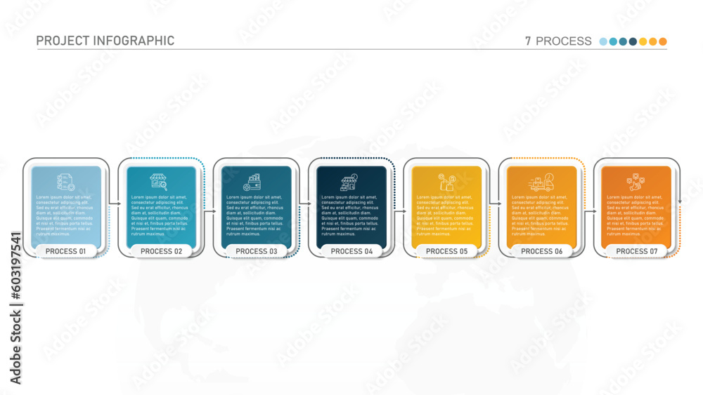 Horizontal timeline or flowchart with seven square elements and space ...
