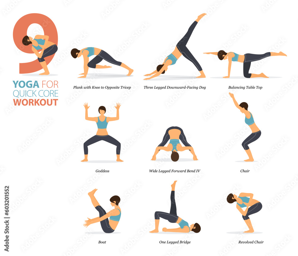 9 Yoga poses or asana posture for workout in Quick core workout concept ...