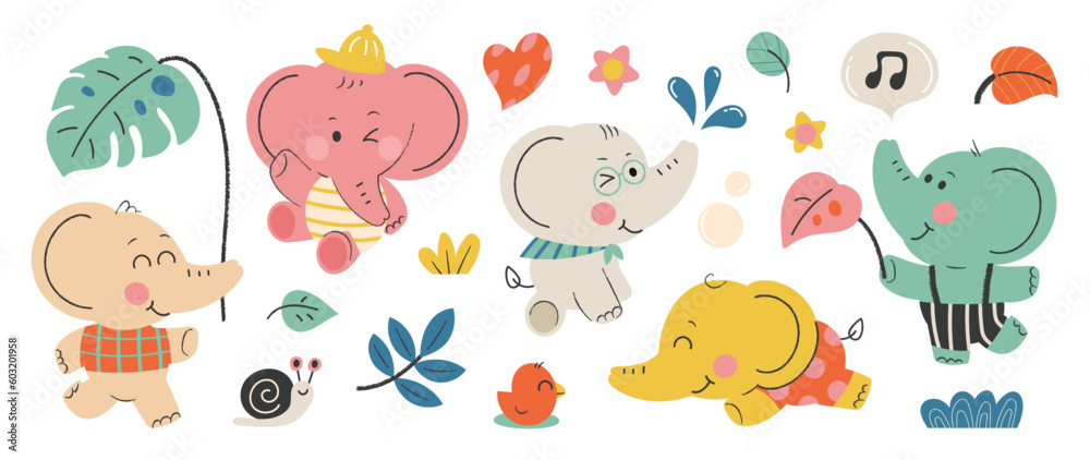 Set of cute elephants vector. Adorable wild life elephant in different ...