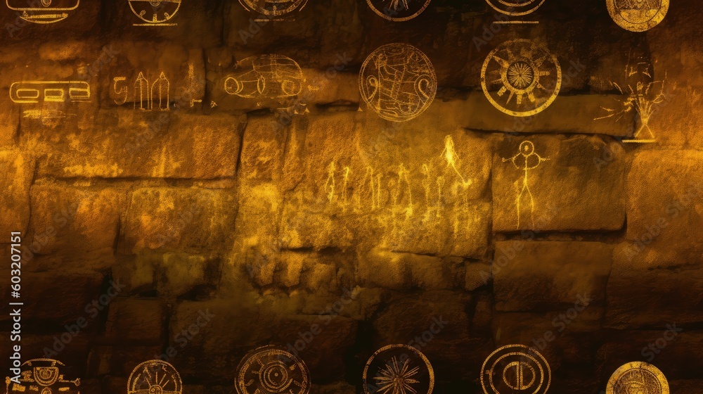 seamless enigmatic symbols etched in glowing gold on an ancient surface ...