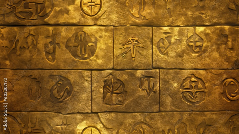 seamless enigmatic symbols etched in glowing gold on an ancient ...