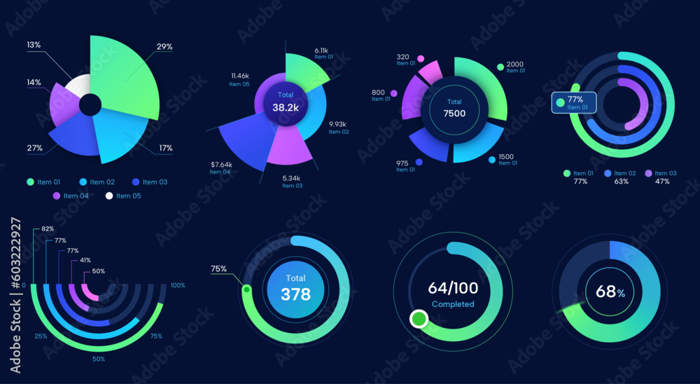 set of colorful dark cool pie chart, visual chart Stock Vector | Adobe Stock