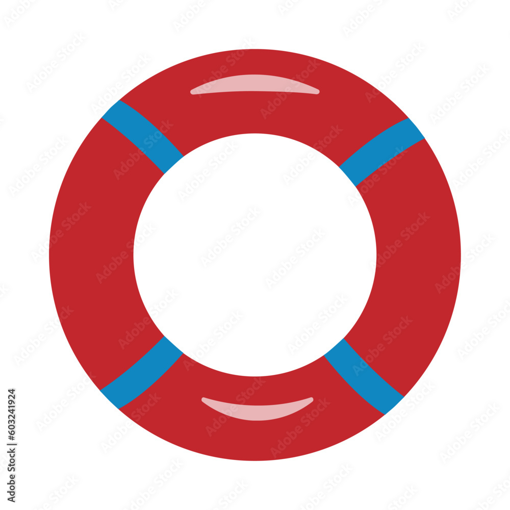 Red lifebuoy with blue stripes and white highlights, isolated, close-up ...