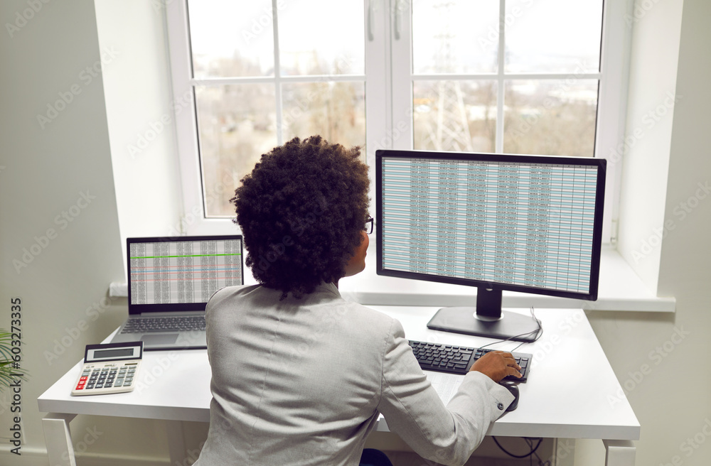 View from behind of a smart African American woman accountant sitting ...