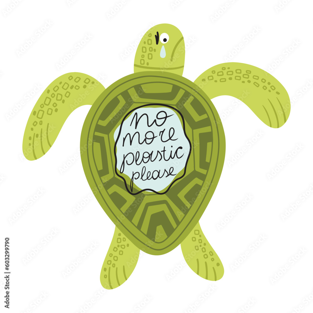 Hand drawn sad and crying turtle with message about environmental ...