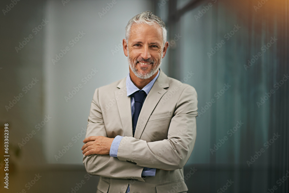Portrait, confident and arms crossed with a business man in his office ...