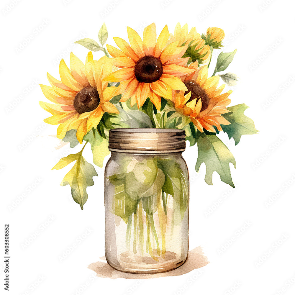Watercolor Sunflowers glass jar Clipart -Watercolor bouquet of ...