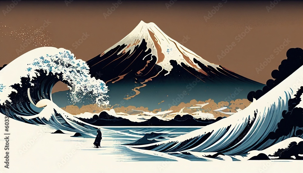 Japanese traditional Ukiyoe Brown and white Rough waves dynamic of nature Mt. Fuji Abstract ...